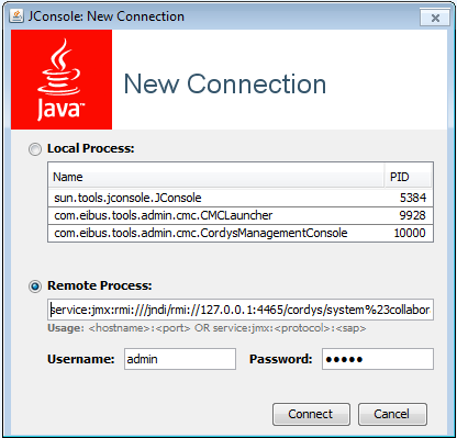 OpenText Cordys 10.6 documentation : Connecting to JMX through JConsole
